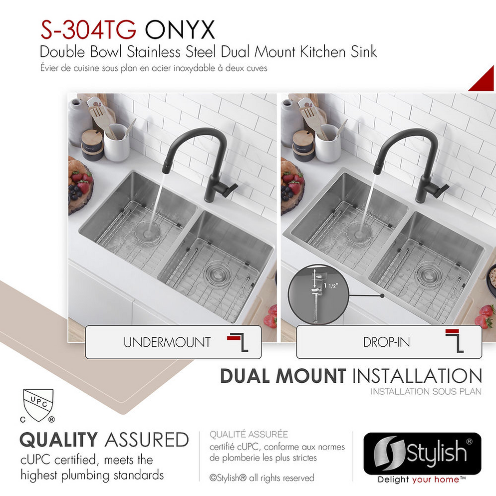 Stylish ONYX 30" Undermount or Drop-in Double Bowl Kitchen Sink, 18 Ga ...