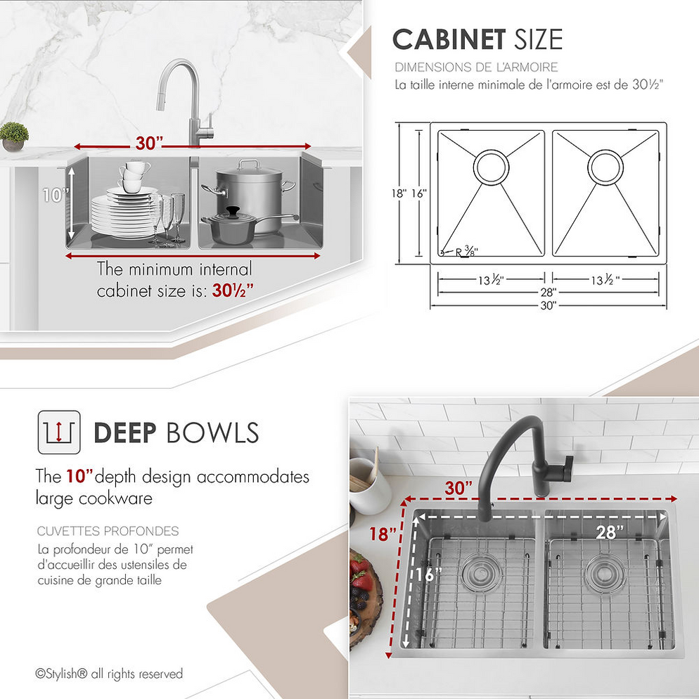 Stylish ONYX 30" Undermount or Drop-in Double Bowl Kitchen Sink, 18 Ga ...