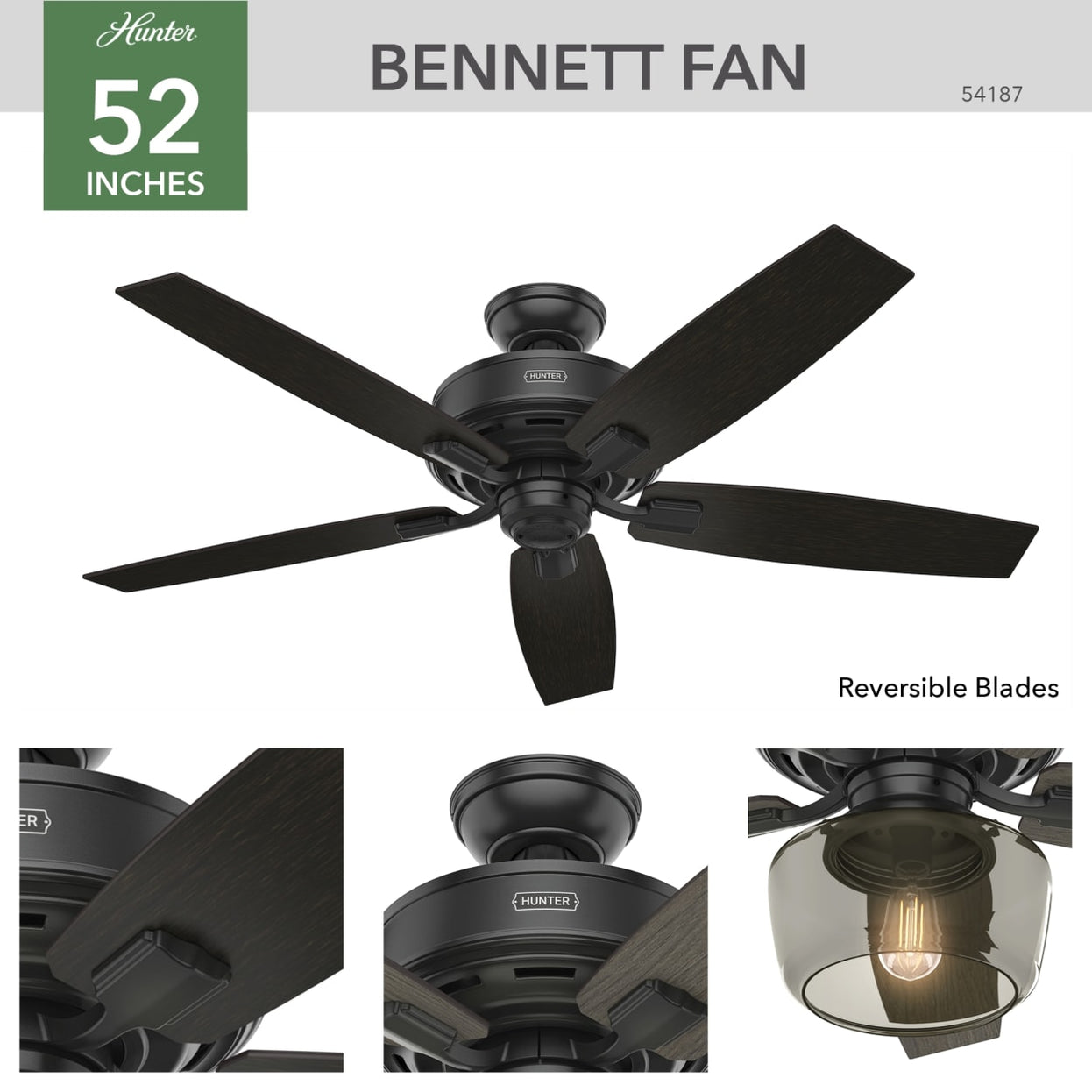 Hunter 52-Inch Bennett Matte Black Ceiling Fan — Rise